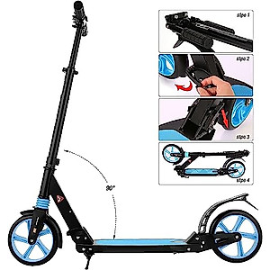 Scooter for Kids Ages 8-12, Folding Scooter for Teens/Adults with 4 Adjustment Levels, Big 8" Wheels Scooter with Anti-Shock Suspension and Carry Strap, Adult Scooter up to 220lbs, Azure