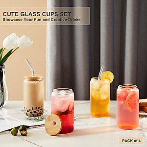 Pouheshi 4pcs Glass Cups with Lids and Straws, 16OZ Beer Can Shaped Drinking Glasses Set, Iced Coffee Cup, Glass Tumbler with 1 Cleaning Brush, Ideal for Cocktail, Whiskey, Tea