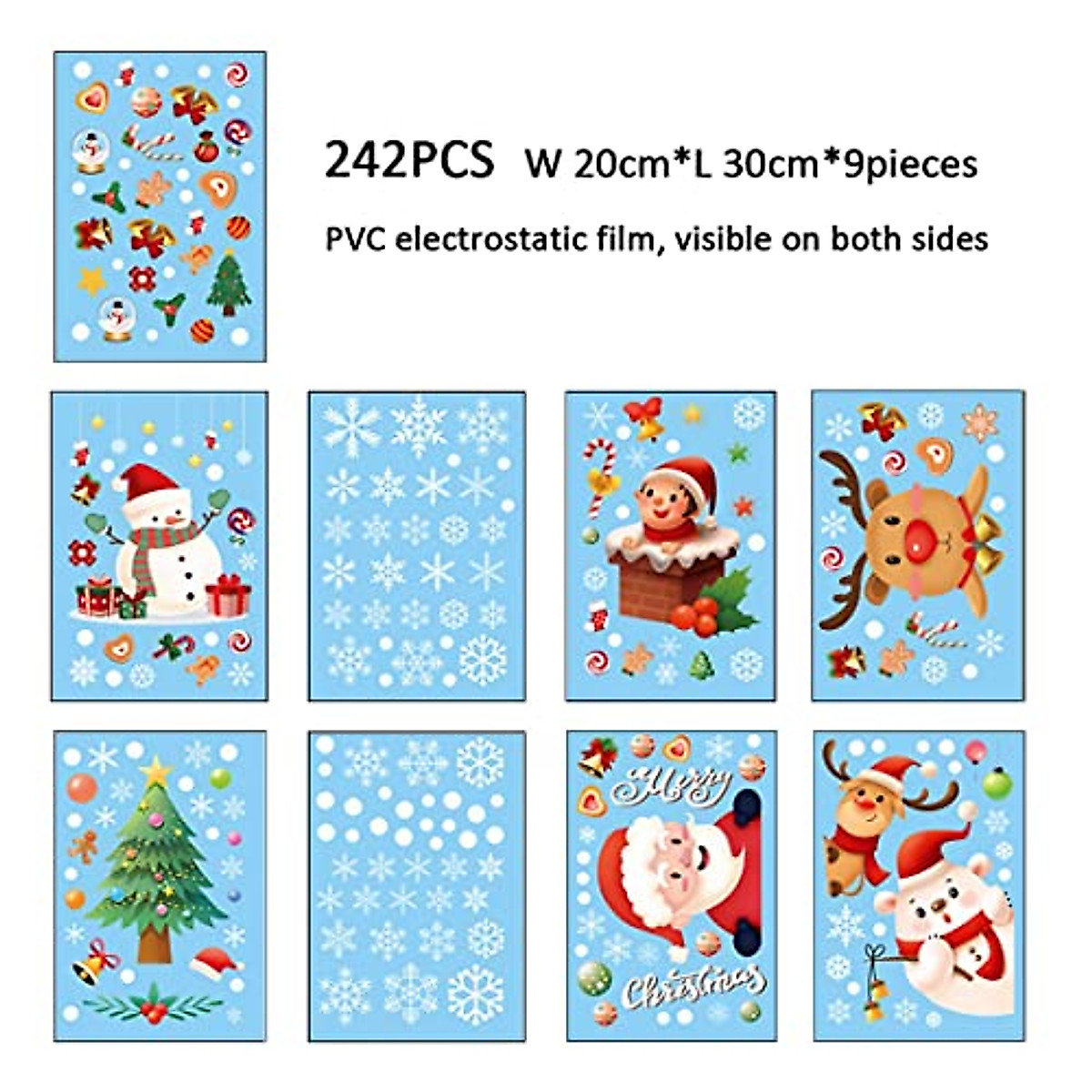 242 Pieces Christmas Window Clings for Glass Windows, 9 Sheets Christmas Window Stickers, Snowflake Window Clings Christmas Decorations, Double-Side Xmas Deer Santa Decor Decals for Party