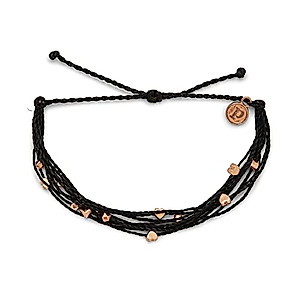 Pura Vida Rose Gold Plated Heart Beads Malibu Bracelet - Adjustable Band, 100% Waterproof, Brand Charm - Black
