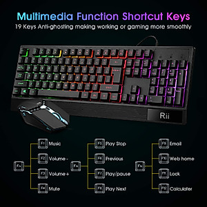 Rii RK400 RGB Gaming Keyboard and Mouse Combo ,Wired Mechanical Feel 3-LED Backlit Keyboard,104 Keys USB Ergonomic Wrist Rest Keyboard,6 Button RGB Mouse for Windows Gamer Desktop, Computer (Black)
