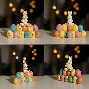 Easter Bunny Figurine Decorations - Hand Painted Sping Rabbit Statue Ornament - Easter Animal Tabletopper Accessories Sculpture for Party,Garden,Home Decorations,4.8 Inch,Polyresin