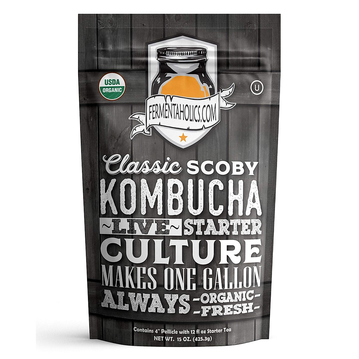 Fermentaholics ORGANIC Kombucha SCOBY With Twelve Ounces of Starter Tea - Live Starter Culture - Makes A One Gallon Batch - 1.5 Cups of Strong Mature Starter Tea - Brew Your Own Kombucha