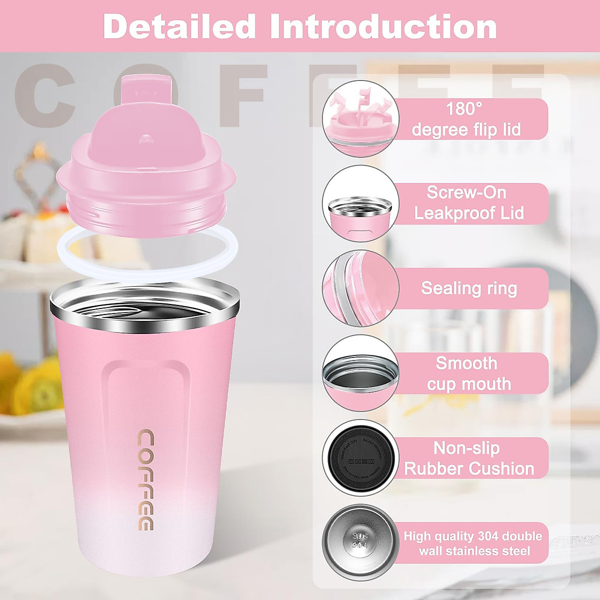 JTRYEMU Travel coffee mug 12 oz Insulated Coffee cup with lid reusable Leak proof Coffee Tumbler Stainless Steel Vacuum Gradient Colorful Thermos cup Thermal Keeps Cold and Hot for Coffee/Tea