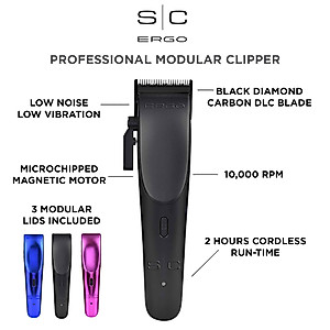 StyleCraft Ergo Professional Microchipped Magnetic Clipper with 5 Guards, Charging Stand, and 3 Customizable Colored Lids (Black, Pink, Blue)
