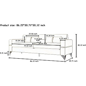 DOLPHINDO 86" W Velvet Couch Sofa with Bolster Pillows,Oversized Mid-Century Modern Sofa Tufted Comfy 3 Seater Sofa Couch with Gold Metal Legs for Living Room Furniture