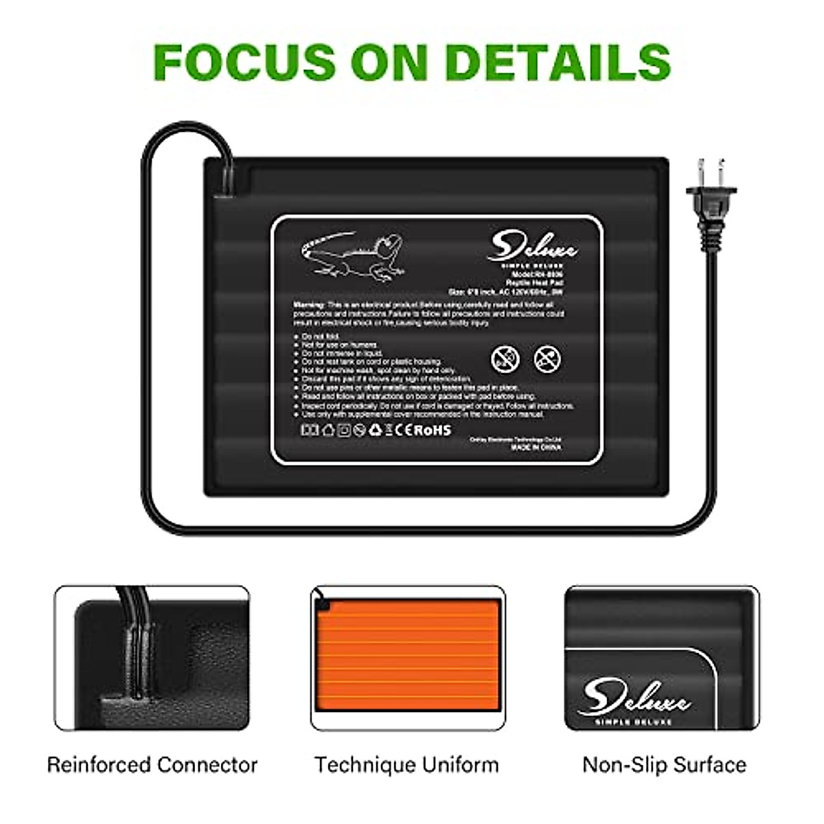 Simple Deluxe 6 X 8 Inch 8W Reptile Heating Pad Under Tank Heater Terrarium Warmer Heat Mat for Amphibians and Reptiles Pet, Black