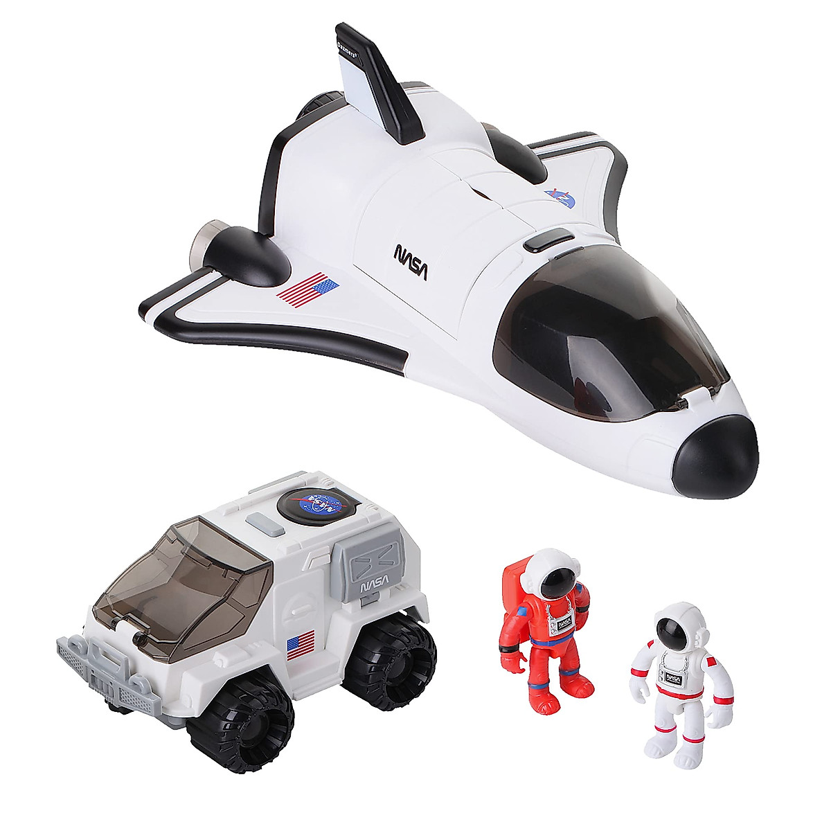 Dazmers Space Shuttle Toy - Kids Spaceship with 2 Astronaut Figures, Mechanical Arm and Rover - Rocket Ship Lights Up with Blast Off Sound Effects - Fun Space Toys for Children, Boys and Girls