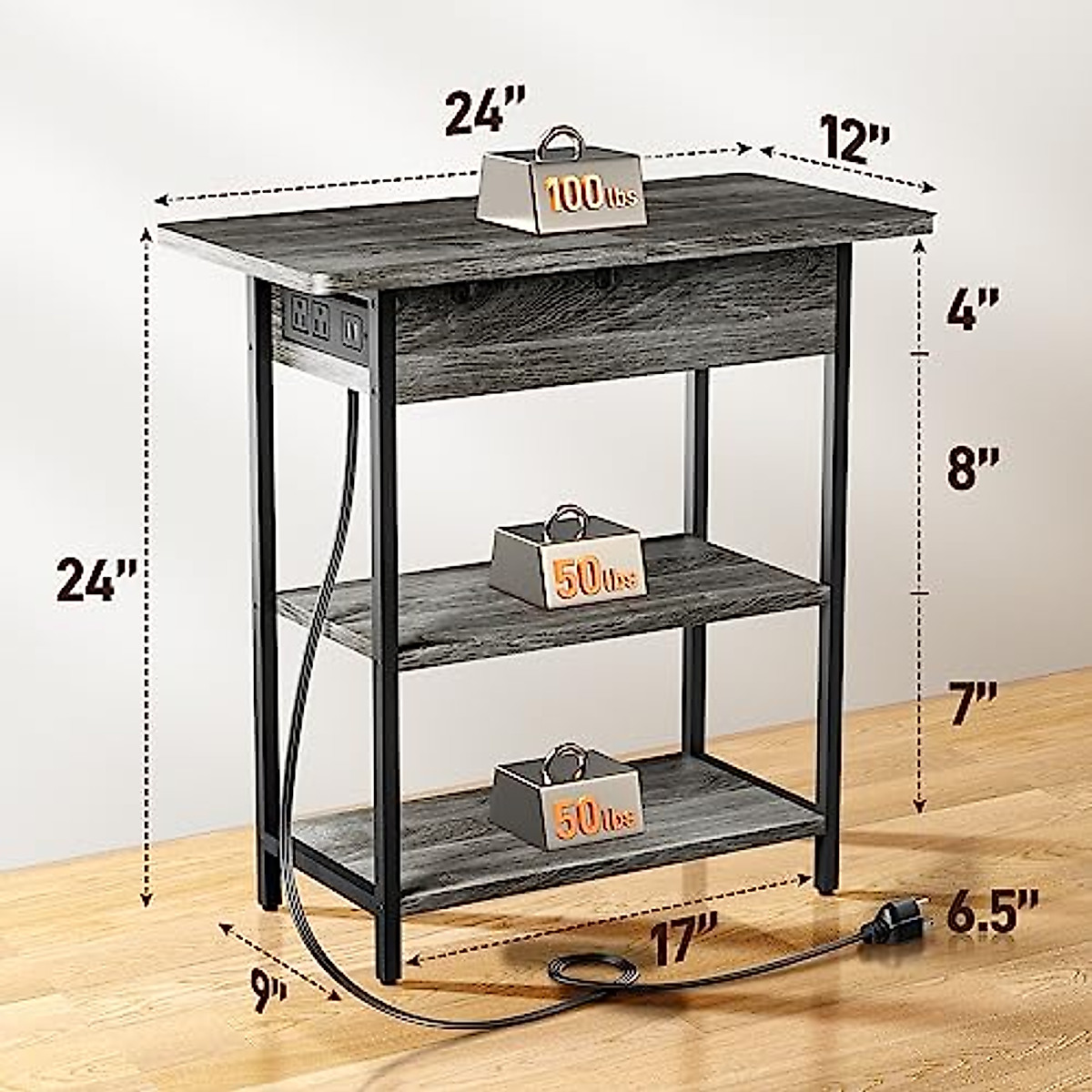 HOUIT End Table with Charging Station, Narrow Flip Top Side Table with USB Ports and Outlets, Nightstand with Storage for Small Spaces, Bedside Tables for Living Room, Bedroom - Gray