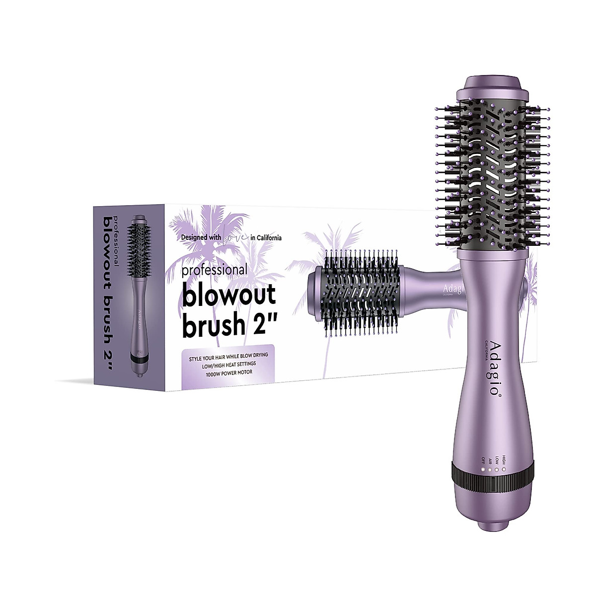 Adagio California Blowout Brush: 2-in-1 Hot Air Brush Styler and Dryer - Negative Ion Round Brush - Hair Dryer Brush with Straightener Function - Hair Styling Tools for Women… (2-inch, Lavender)