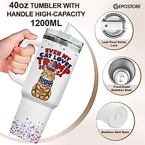GEPOSTORE American Cat Tumbler 40oz with Handle, Meowy Cat US Flag Tumbler Cup, Patriots Gift for Cat Lovers, Birthday Gifts for Cat Mom