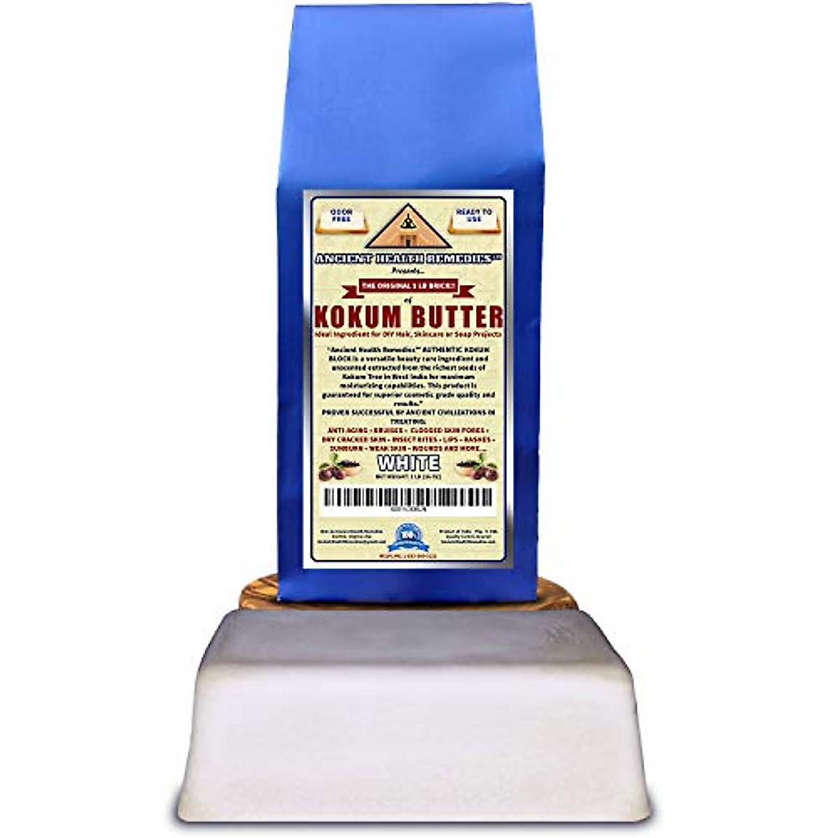 ANCIENT HEALTH REMEDIES Cosmetic Grade, PURE KOKUM BUTTER JAR/BLOCK. Bulk, Odor Free Alternative to Raw, Soft Butters. Ideal Hard Base for DIY Balms, Creams, Candle and Hand Creams (INDIA) (16ozBar)