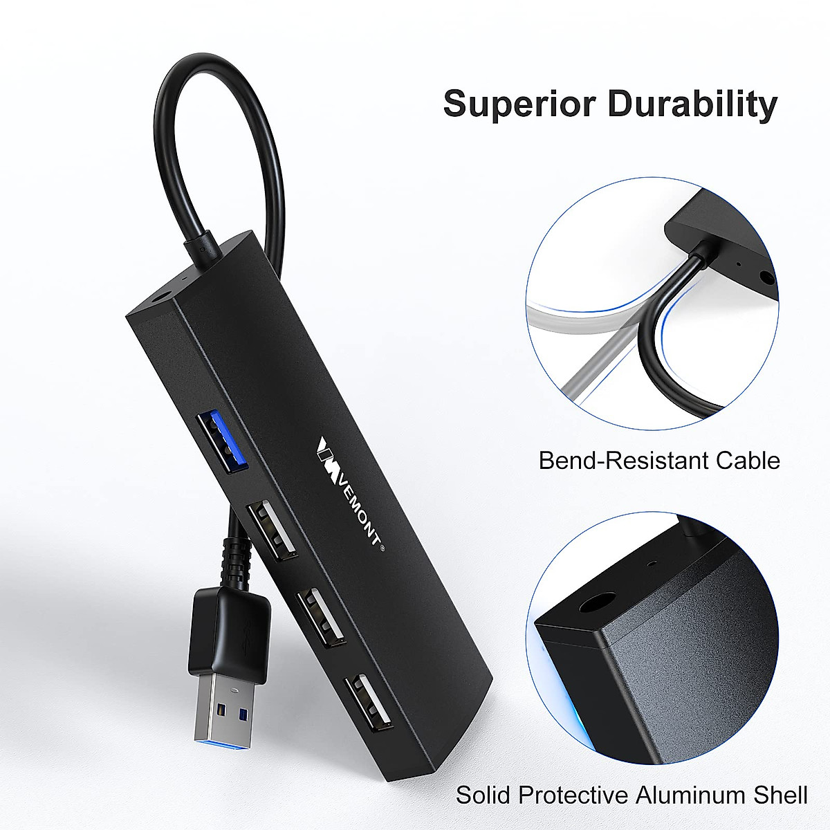 USB Hub,VEMONT 4-Port USB Data Hub with 3 Ports USB 2.0 HUB, 1port USB 3.0 HUB,Ultra Slim Portable High-Speed USB Splitter Applicable for PC Laptop, Desktop, Notebook, MacBook and More