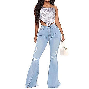 CutieLove Women's Ripped Jeans Bell Bottom Flare Jeans Mid Rise Destroyed Hem Denim Pants A-Light Blue