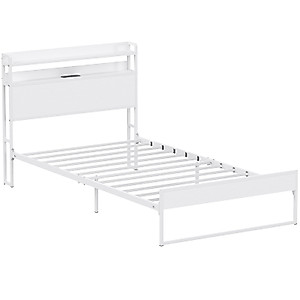 Elephance Twin Bed Frames with Charging Station and Storage Headboard, No Box Spring Needed, Noise Free, Easy Assembly