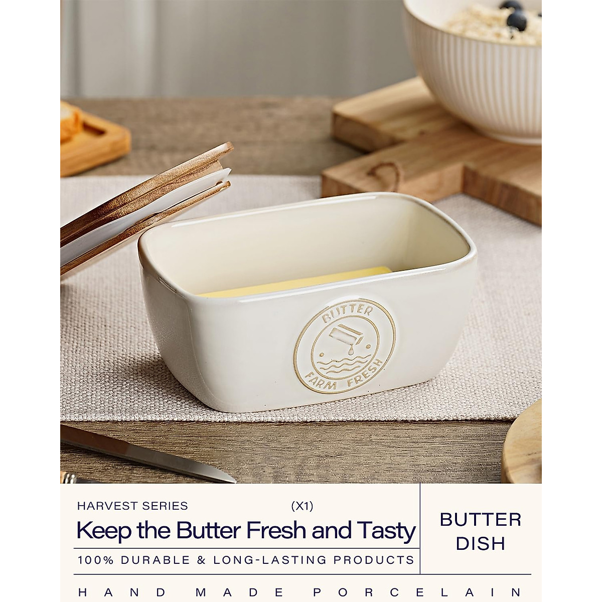Getstar Ceramic Butter Dish with Acacia Lid for Countertop, Silicone Sealing, Farmhouse Kitchen Counter Decor, Large Butter Keeper Container (6.5”x4”)