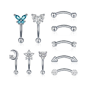 EVISPOL 10Pcs 16G Rook Piercing Jewelry for Women Men, Eyebrow Rings Curved Barbell 316L Stainless Steel Belly Lip Rings CZ Daith Cartilage Earrings Tragus Helix Piercing Jewelry-6MM-Silver