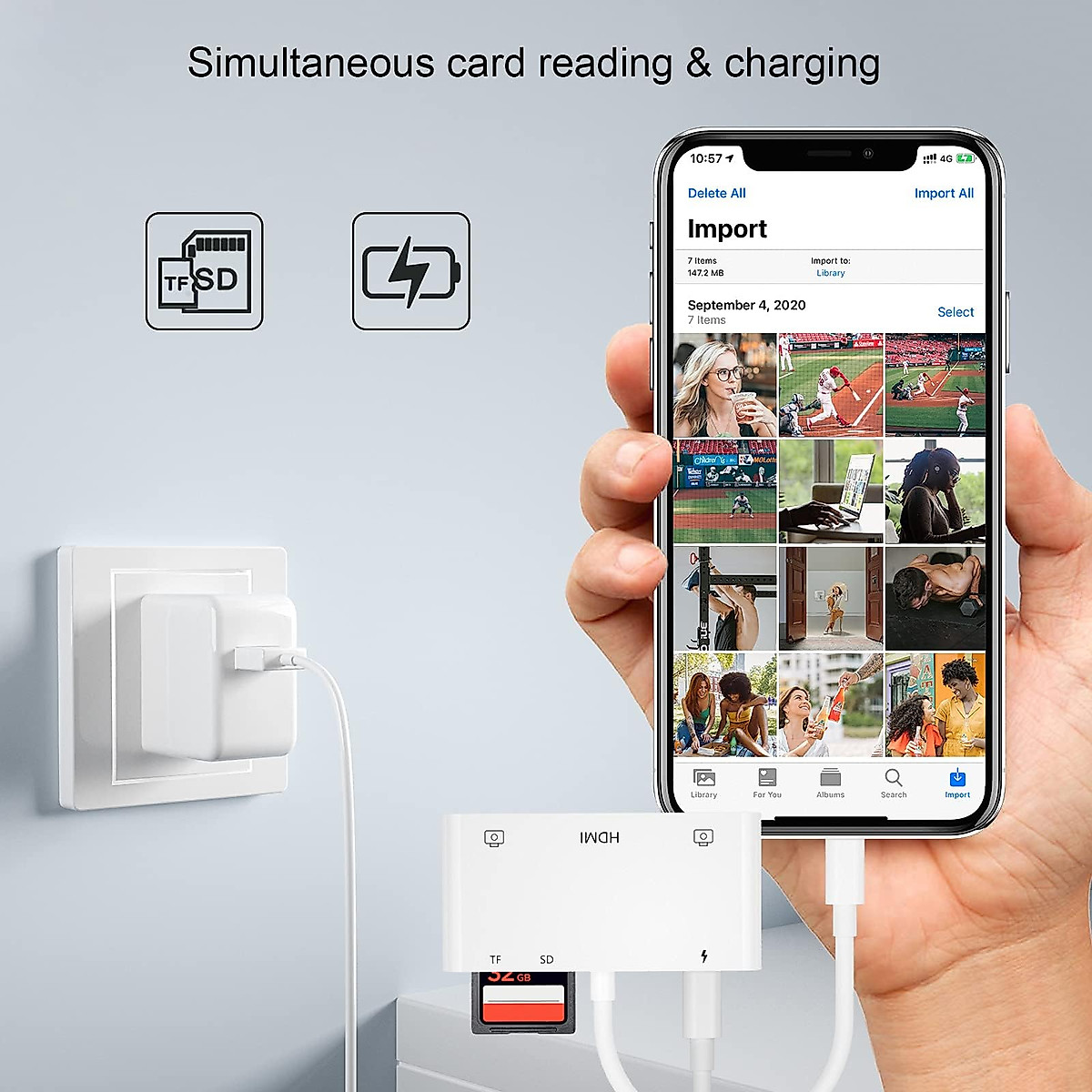 INVERSE NET HDMI Adapter for iPhone,USB to iPhone Adapter,SD Card Reader for iPhone,6 in 1 USB Camera Adapter,Support MIDI Keyboard, Mouse, HD TV/Projector/Monitor, No APP Needed