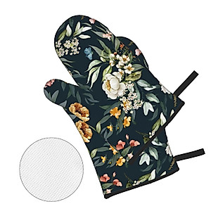 Oven Mitts and Pot Holders Sets 4 Piece, Floral Green Leaves Pattern Oven Gloves Heat Resistant Non-Slip for Kitchen Cooking Grilling Baking