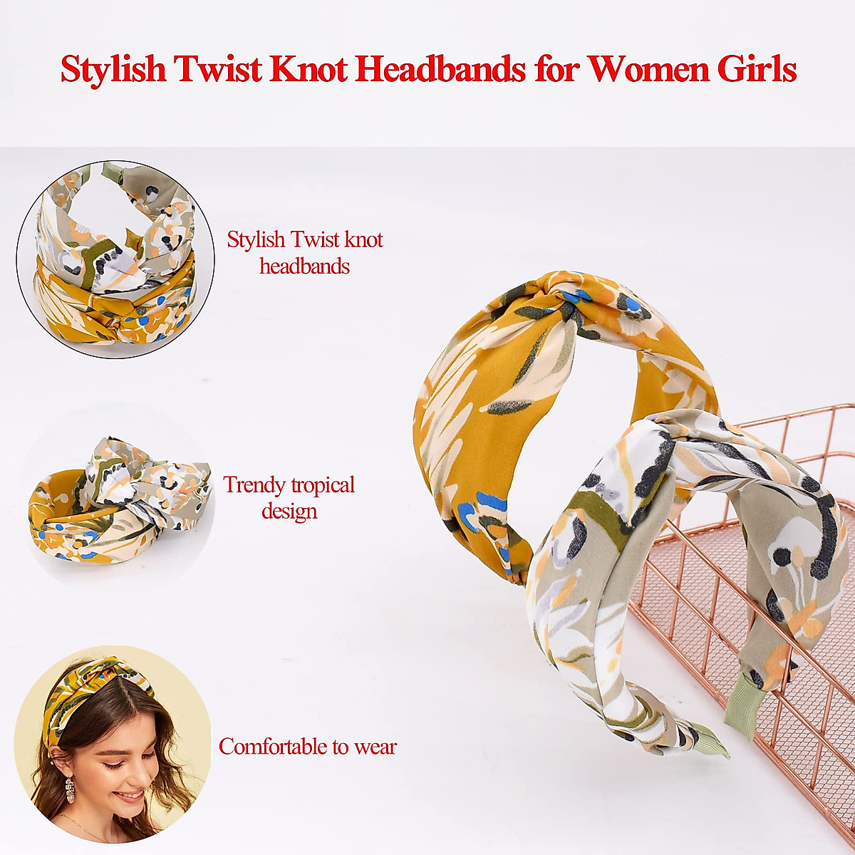 BEGOOD Headbands for Women Tropical Womens Knotted Wide Headband Fashion Head Bands Fashion Cross Knot Hairband Turban Hair Accessories for Girls 2Pcs