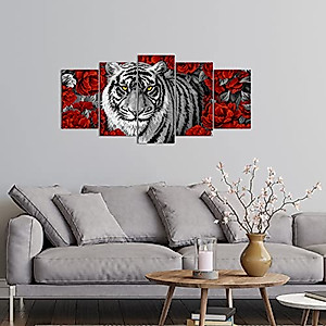Kalormore Black and White Tiger Canvas Wall Art 5 Pieces Animal Wildlife Cool Tiger in Burgundy Red Flowers Painting Prints Gallery Wrap Artwork for Living Room Bedroom Home Office (L-50 xH-24)