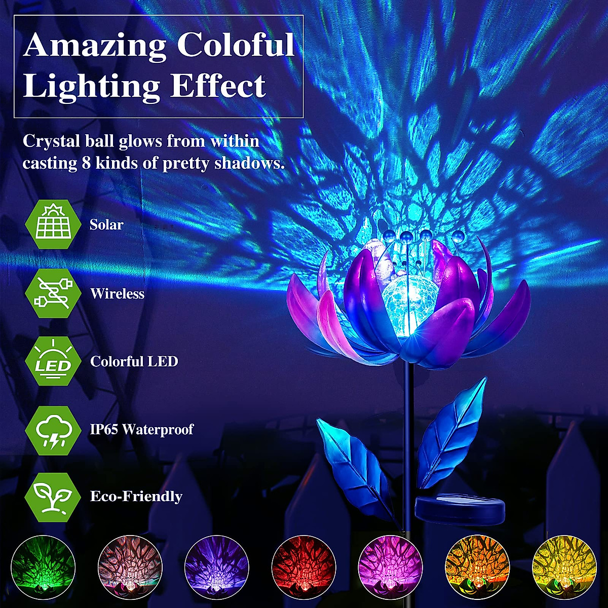 AIINY Solar Purple Metal Flower Wind Spinners, Colorful Spinning Windmill Lotus Yard Art Lights Wind Pinwheels with LED Crystal Ball Decorative Stake Lighting Flower Sculpture