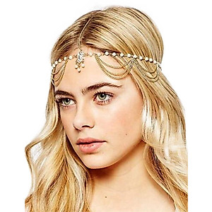 Chargances Women Head Chain Gold-tone Rhinestone Crystal Bridal Head Chain Wedding Hair Accessorie Indian Costume Jewelry Egyptian Headband Belly Dance or 1920s Fashion Style Party Headpiece for Women