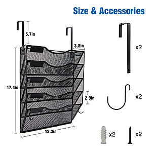 BOHDK Wall File Organizer, 5 Tire Hanging File Folder Organizer, Vertical Mesh Metal Door/Wall Mount Hanging File Holder, Paper Document Magazine Rack with Hooks for Home Office Black
