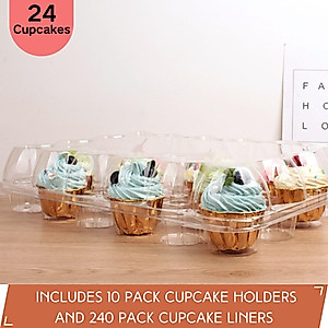 ZWYSLFCY (24 Pack x 10 Sets) Stackable Cupcake Carrier Holders with 240 Pack Cupcake Liners, Plastic Cupcake Boxes Holders for 24 Cupcakes, Clear Cupcake Trays, High Tall Dome Lid Cupcake Containers