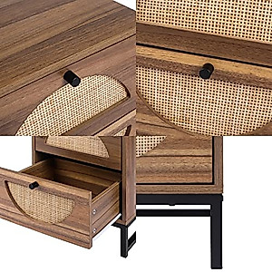 SeokIljin Rattan Nightstand,2 Drawer Side Table,Metal Legs,Bottom Hollow-Out Design,Easy Cleaning,Display Rack for Bedroom and Living Room