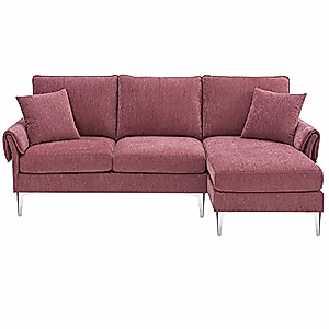 Polibi 84" L-Shaped Convertible Sectional Sofa, Modern Chenille 3-Seat Sofa Couch with Reversible Chaise Lounge, 2 Pillows and Metal Legs for Living Room, Pink