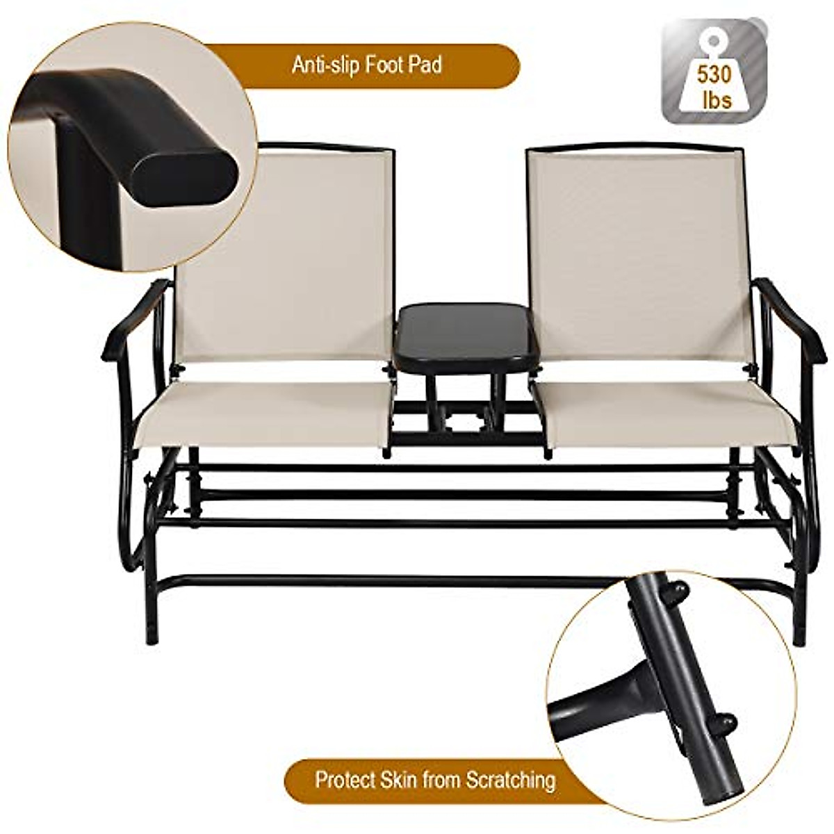 S AFSTAR Patio Glider Bench, 2-Person Outdoor Glider Chair with Center Table, Double Rocking Chair Loveseat for Patio Backyard Poolside Lawn (Beige)