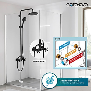 gotonovo Exposed Shower Faucet System 8 Inch Rainfall Shower Head with 8 Function ABS Handheld and Double Cross Handle Wall Mounted Bathroom Luxury Mixer Shower Gourd Faucet Body Matte Black
