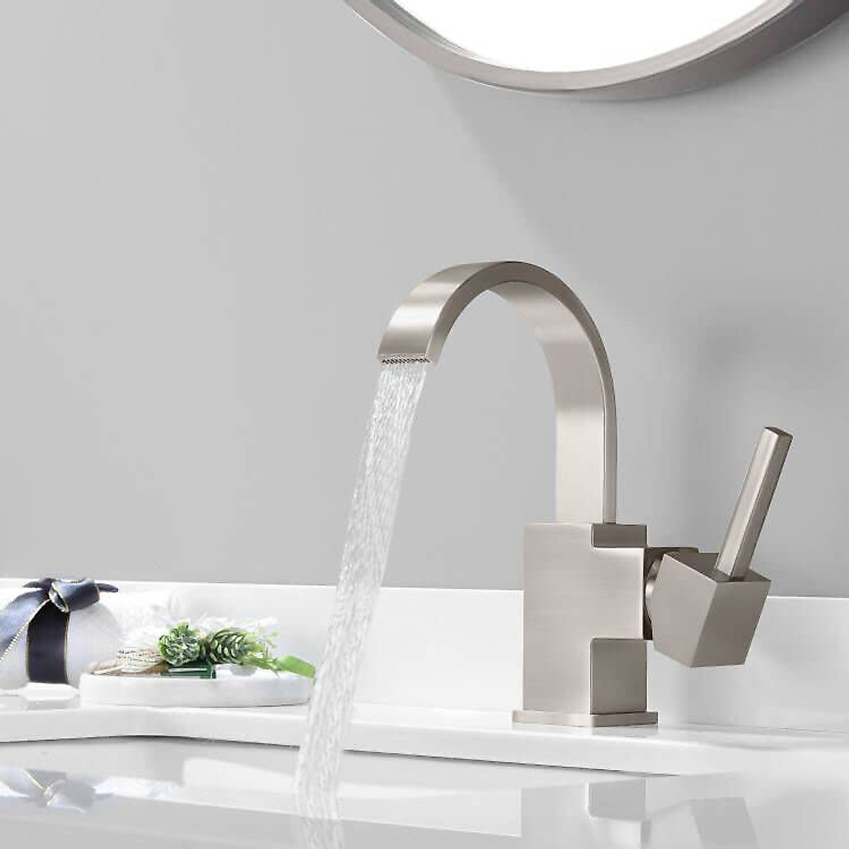 Brushed Nickel Single Hole Bathroom Faucet, Waterfall Single Handle RV Bathroom Faucet Fit for 1 or 3 Hole, with Deck Plate, Swivel 360 Degree Spout, Pop Up Drain and Water Supply Line, SGF05-BN