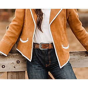 CR Western Belts for Women - 1.5" Leather Cowgirl Belt for Jeans Pant - Country Belts for Women with Big Vintage Buckle