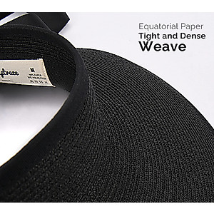 Camptrace Sun Visors for Women Wide Brim Beach Hat UPF 50+ Foldable Straw Visor Hat Ponytail Summer Packable Black