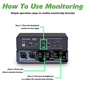 BOMGE USB Audio Interface(24 bit/192 kHz) with XLR,phantom power,Direct Monitoring,Loopback for PC Recording,Streaming,Guitarist,Vocalist and Podcasting
