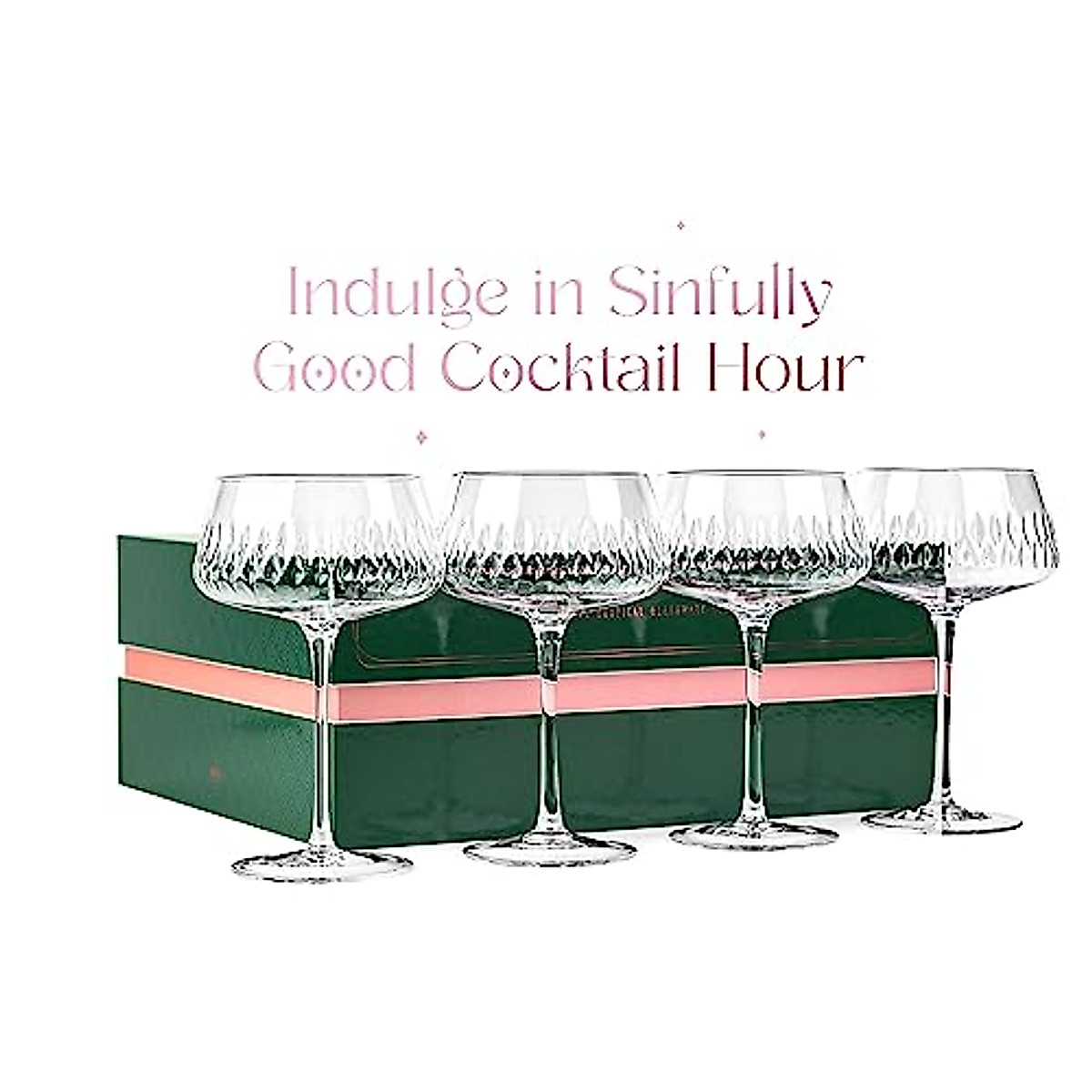 Vintage Flamingo Belle Coupe Glasses for Cocktails and Champagne | Tropical Chic Glassware Collection | Set of 4 | 12 oz Crystal Retro Style Stemmed Saucers for Elegant Bar Drinks