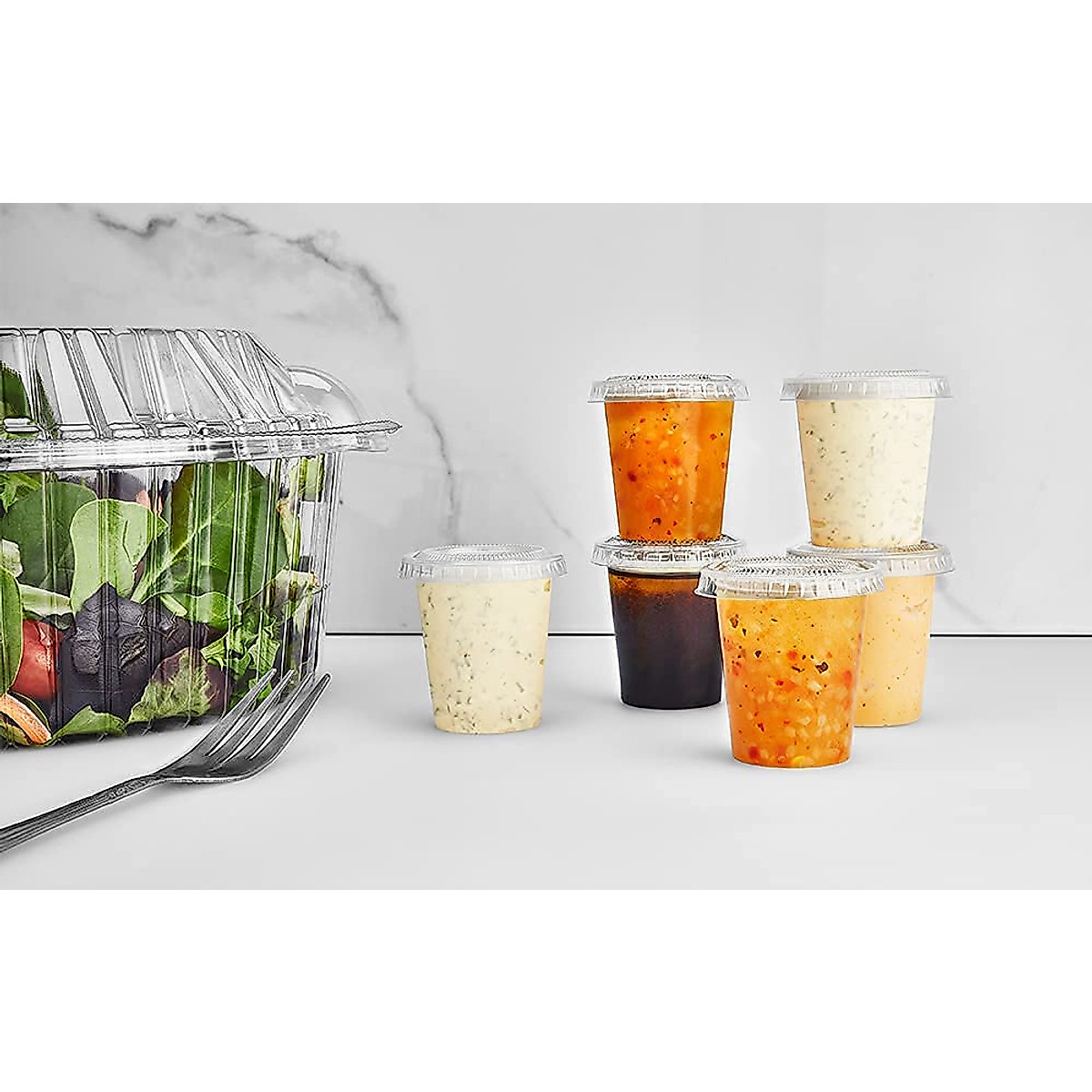 KingZak 150 Sets - 2oz, Disposable Mini Plastic Jello Shot Cups With Lids Perfect For Portion Souffle, Condiment, Dipping Sauce, Salad Dressing And More