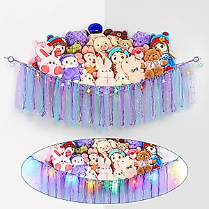 Stuffed Animal Net or Hammock with LED Light, Toy Hammock Hanging Stuffed Animal Storage Organizer Holder Room Décor with Tassels for Nursery Play Room Kids Bedroom (Purple)