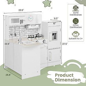 Costzon Kids Corner Kitchen Playset, 8-in-1 Wooden Play Kitchen Toy Set w/Realistic Microwave, Oven, Stove, Refrigerator, Water Dispenser, Range Hood, Pretend Cooking Set