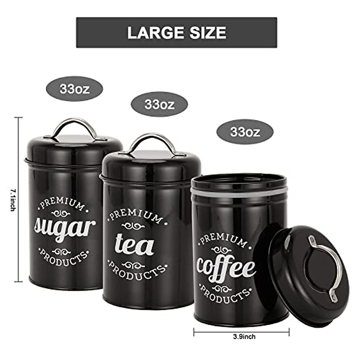 3 Piece Food Jars Canisters Sets, Airtight Coffee Container, Tea Organizer, And Sugar Canister, Rustic Farmhouse Decor for Kitchen Countertop (Black)