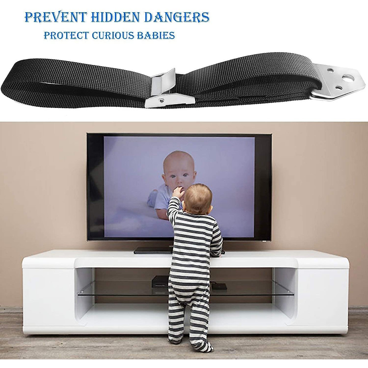 TV and Furniture Anti Tip Straps,Metal Heavy Duty TV Straps Child Safety,Adjustable Safety Furniture Wall Anchors for Baby Proofing Flat Screen TV,Dresser,Bookcase,Cabinets,No Plastic Parts,Pack of 2