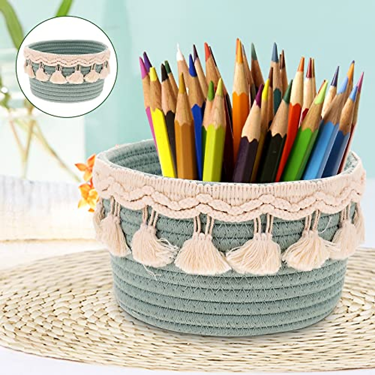 Woven Basket Small Woven Storage Basket Decorative Cotton Rope Basket with Tassel Woven Nursery Hamper Storage Bin for Blankets Towels Toilet Paper Green Bathroom Basket