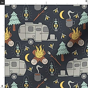 Spoonflower Fabric - Retro Camping Camper Campfire Fireflies Coffee Outdoors Printed on Petal Signature Cotton Fabric by The Yard - Sewing Quilting Apparel Crafts Decor