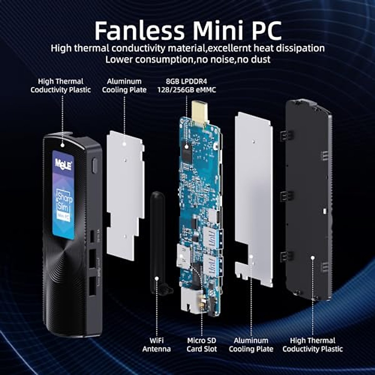 MeLE Fanless Mini PC Stick PCG02 Celeron J4125 8G LPDDR4 128G eMMC Small Desktop Computer Support 4K HDMI,2.4G/5.0G Dual Band WiFi,BT 4.2,Gigabit Ethernet and USB 3.0 for Iot Office