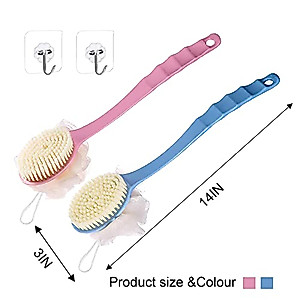 2 Pack Body Brush Back Scrubber for Shower Bath Back Scrubber with Soft Loofah and Bristles Back Scrubber Bath Mesh Sponge with Curved Long Handle Suitable for Wet or Dry, Women and Men (2PACK Set)
