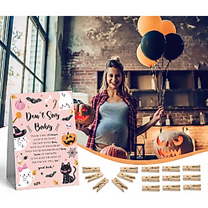 Don't Say Baby Clothespin Games Sign (1 Sign + 50 Mini Clothespins), Halloween Ghost Pumpkin Gender Neutral Gender Reveal Baby Shower Prizes Game, Halloween Baby Shower Party Decorations-SG01