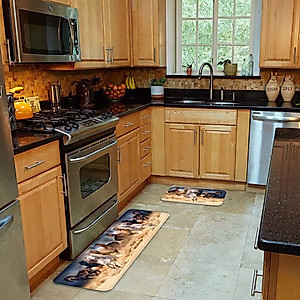 Animal Running Horse Kitchen Rug Set 2 Pieces Horses Herd Run in Desert Sand Storm Against Dramatic Sky Floor Mats Washable Doormat Anti Fatigue Non-Slip Chef Sink Runner Rugs Bedroom Area Carpet