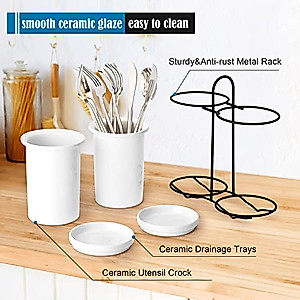 Kitchen Utensil Holder, Ceramic Utensils Crock for Countertop, Cooking Utensil Crock with Drain Holes and Metal Rack , Utensil Organizer for Countertop, Easy to Clean for Party, Home, Counter-White